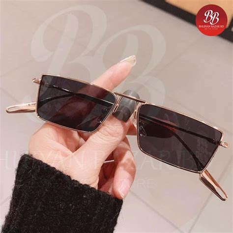 Slim Narrow Color Tinted Metal Frame Angular Rectangle Sunglasses For Men Bd