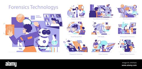 Forensics Technology Set Exploration Of Digital And Biological Evidence Methods Illustrations