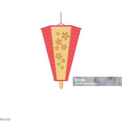 꽃무늬 디자인의 육각형 모양이 흰색 배경에 분리된 빨간색 노란색 색상으로 아래쪽으로 가늘어지는 일본 또는 중국 종이 랜턴의 벡터 삽화 0명에 대한 스톡 벡터 아트 및 기타