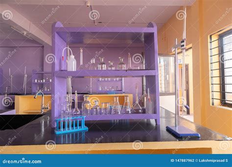 Well Arranged Lab Glassware At Empty Science Laboratory Interior In