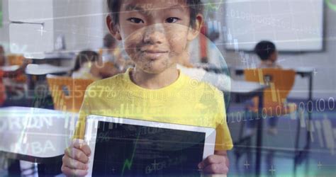 Animation Of Asian Boy Holding Digital Tablet Over Globe Trading Board