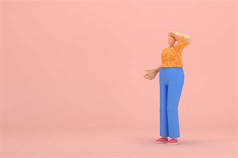 황금빛 머리를 가진 여자는 파란색 코듀로이 바지와 흰색 줄무늬가 있는 주황색 티셔츠를 입고 롤빵에 묶여 있습니다 그녀는 말할 때 손의 표현입니다 연기에서 만화 캐릭터의 3d