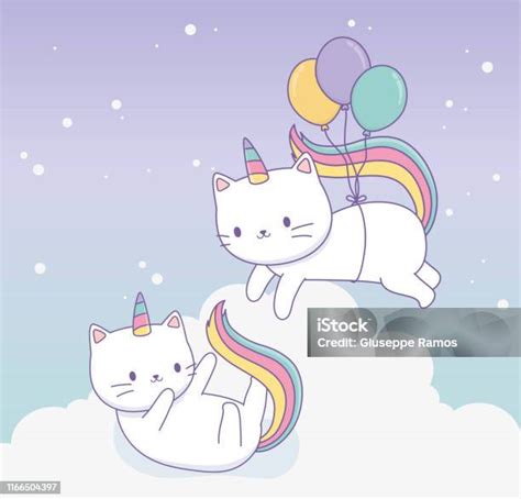 무지개 꼬리와 풍선 헬륨 카와이 캐릭터와 귀여운 고양이 고양잇과에 대한 스톡 벡터 아트 및 기타 이미지 고양잇과 꼬리 무지개 Istock