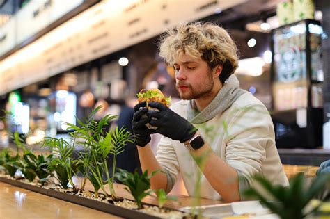 패스트푸드점에서 치즈버거와 감자튀김을 먹는 남자 그는 맛있는 음식을 한 입 베어 물면서 행복하고 배고픈 것처럼 보입니다 영양사에 대한 스톡 사진 및 기타 이미지 Istock