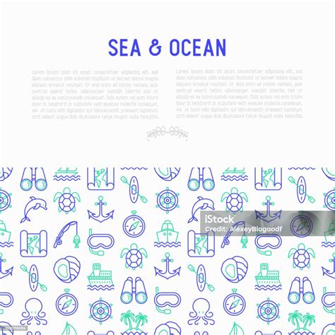 얇은 선 아이콘으로 바다와 바다 여행 컨셉 요트 낚시 배 굴 앵커 낙 지 나침반 스노클링 돌고래 바다 거북 현대 벡터 일러스트 레이 션 인쇄 미디어 서식 파일 개념에 대한
