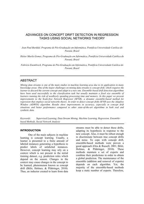 Pdf Advances On Concept Drift Detection In Regression Tasks Using Social Networks Theory