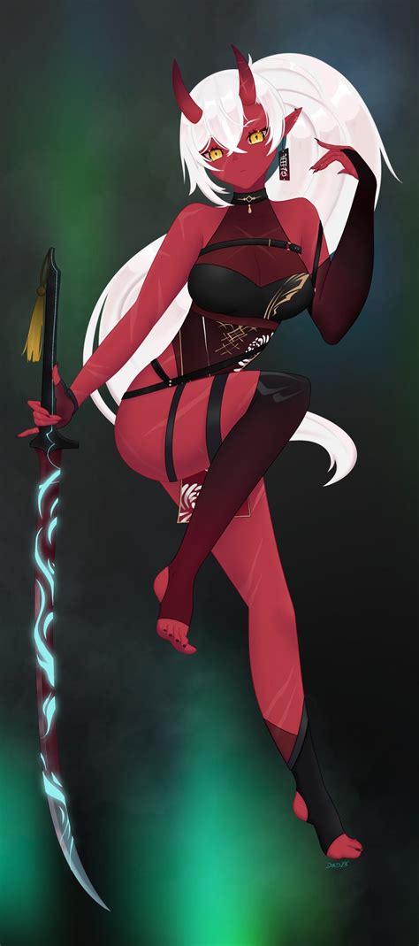 Rule 34 Akumi Female Oni Oni Horns Red Skin Virtual Youtuber Vyugen White Hair Yellow Eyes