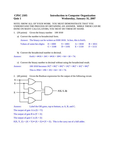 Solution To Quiz 1 Computer Organization Cpsc 2105 Docsity
