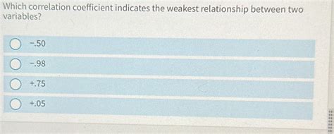 Which Correlation Coefficient Indicates The Weakest Relationship Between Two Variables [algebra]