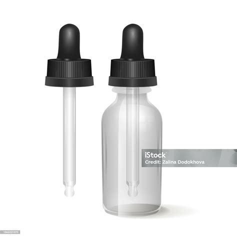 흰색 배경에 드롭퍼 캡이 있는 유리 병 열린 및 폐쇄된 모형 빈 화장품 또는 의료 제품 용기 스포이드에 대한 스톡 벡터 아트 및