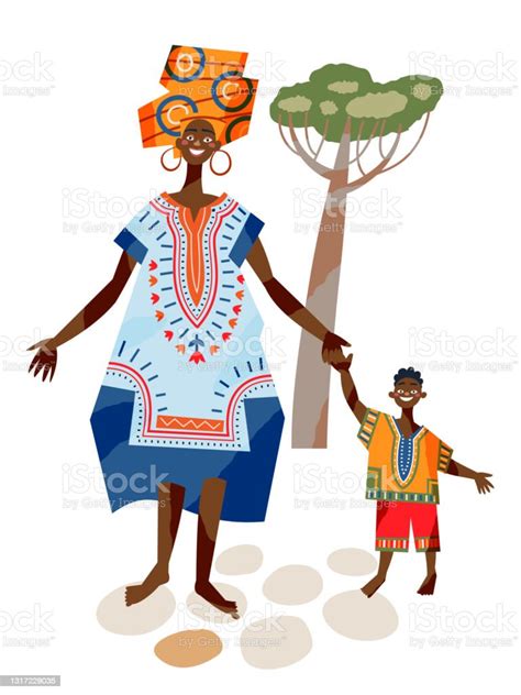 아이를 가진 아프리카 부족 여자 어머니는 서서 부족 벡터 그림에서 작은 아이와 손을 잡고 흰색 배경에 전통적인 요소와 소년과 드레스에 소녀 가족에 대한 스톡 벡터 아트 및
