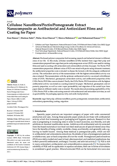 Pdf Cellulose Nanofiberspectinpomegranate Extract Nanocomposite As Antibacterial And