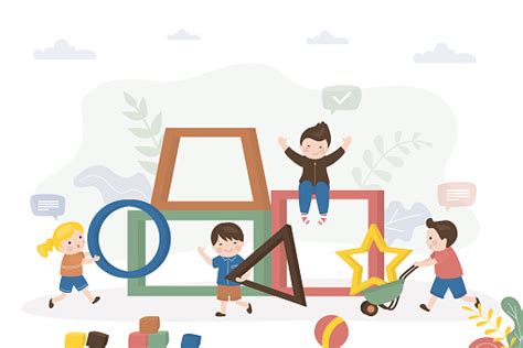 기하학적 모양을 가지고 노는 다민족 아이들 귀여운 학생들이 학교로 돌아가는 것을 배우고 있습니다 미취학 아동은 모양 수학 수업을