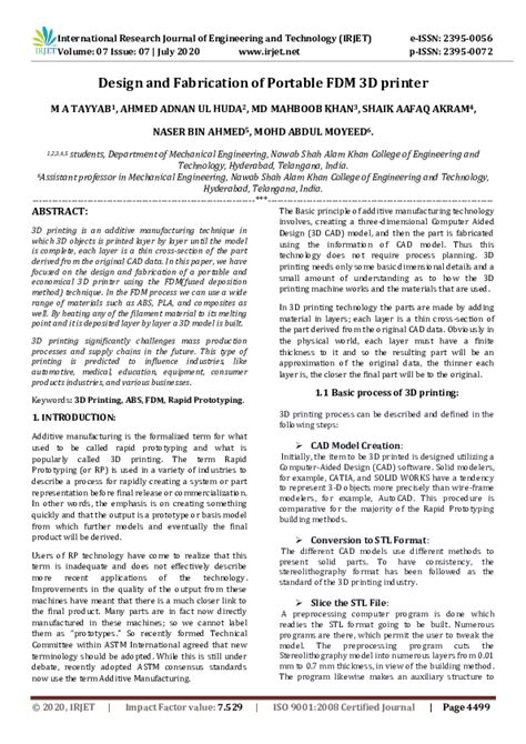 Pdf Irjet Design And Fabrication Of Portable Fdm 3d Printer