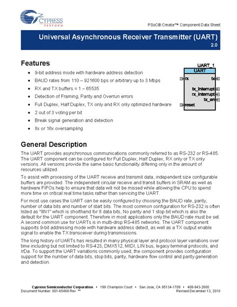 Infineon Component Uart V2 0 Software Module Datasheets V02 05 En Psoc® Creator™ Component