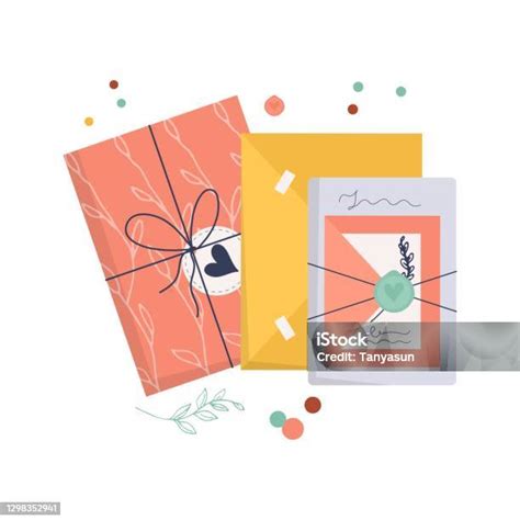 스탬프가 있는 봉투 세트 배달 편지에 대한 아이콘 우편 서비스를 통한 서신 공예 종이 편지 리본 가지 및 장식 요소로 손으로