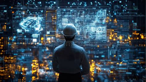 Engineer Monitoring Digital Systems In A Futuristic Control Room Stock