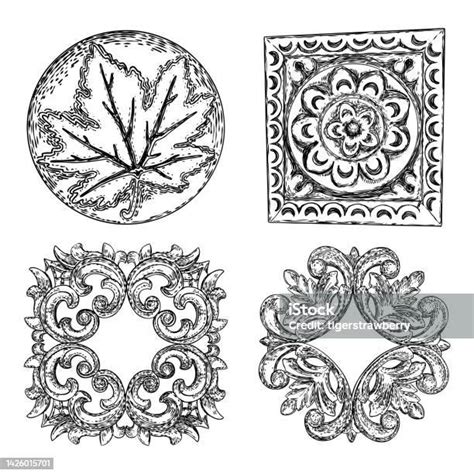 스카프 인쇄 또는 직물 디자인을위한 아름다운 손으로 그린 바로크 양식의 요소 또는 빈티지 패치 세트 장식용 대리석 석재 건축 요소 꽃 스타일 벡터 3차원 형태에 대한 스톡