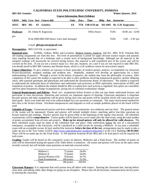 Introduction To Genetics In Biological Sciences Syllabus Bio 303