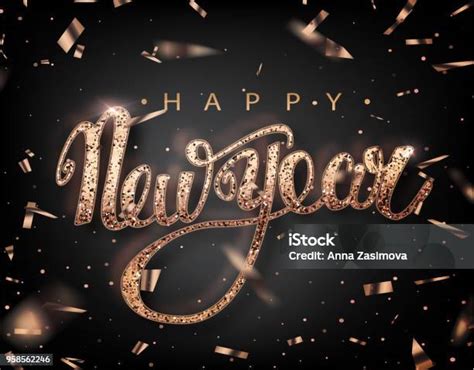 행복 새 해 문자 인사말 카드 휴가입니다 로즈 골든 색종이 폭포 새 해 문자 서 예입니다 벡터 일러스트 레이 션 Eps10 12월에 대한 스톡 벡터 아트 및 기타 이미지