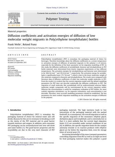 Pdf Diffusion Coefficients And Activation Energies Of Diffusion Of Low Molecular Weight