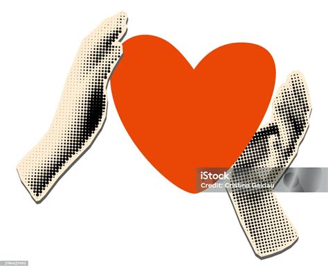 빨간 심장 하프 톤 콜라주 벡터 일러스트 레이 션을 들고 손 개념에 대한 스톡 벡터 아트 및 기타 이미지 개념 공휴일 그런지 이미지 기법 Istock