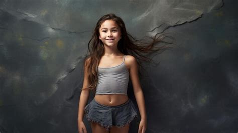 Premium Photo Happy Girl Standing On Slate Background