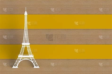 白色的埃菲尔铁塔在黄色木板上，3d渲染