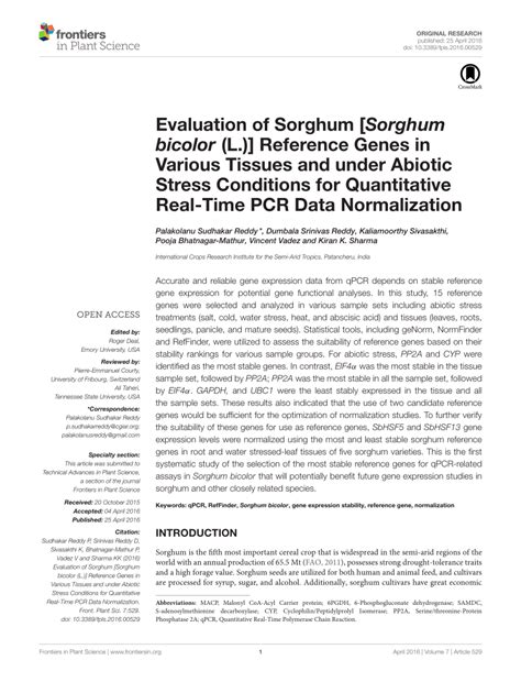 Pdf Evaluation Of Sorghum [sorghum Bicolor L ] Reference Genes In Various Tissues And Under