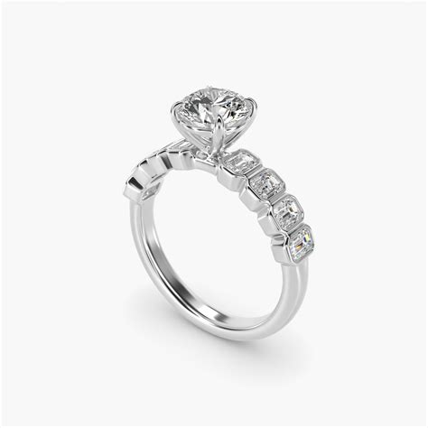 Bezel Set Emerald Cut Side Stone Diamond Engagement Ring In Platinum By