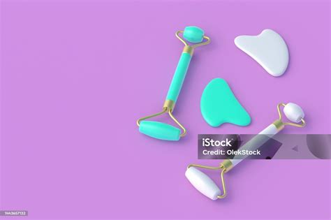 얼굴 마사지 롤러와 괄사 돌 얼굴과 웰빙을 들어 올리십시오 화장품 액세서리 얼굴 피부 관리 평면도 공간을 복사합니다 3d 렌더링 3차원 형태에 대한 스톡 사진 및 기타