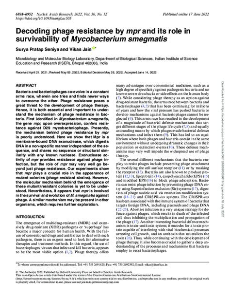 Pdf Decoding Phage Resistance By Mpr And Its Role In Survivability Of Mycobacterium Smegmatis