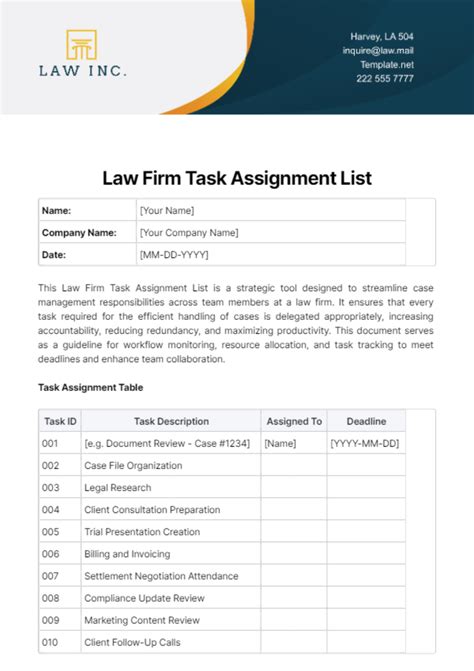 Free Law Firm Task Assignment List Template To Edit Online