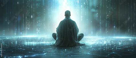 Virtual Monk Binary Cloak Contemplating Infinity Surrounded By Glowing Code Realistic Image