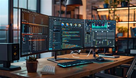 Software Developers Workstation With Monitors Displaying Code And Data