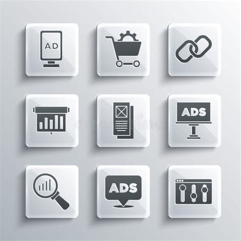 Set Advertising Browser Setting Window Magnifying Glass And Analysis Board With Graph Chart