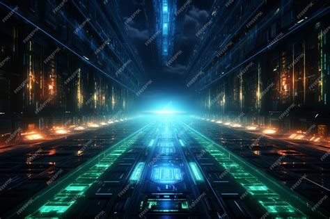 Premium Ai Image Neon Lit Digital Passage Binary Code Comes Through An Open Futuristic Door