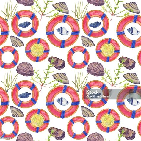 해양 수채화 패턴 구명 부표 해초 흰색 배경에 조개 포장 직물 섬유 인쇄를위한 여름 방학 디자인 공기 주입에 대한 스톡 벡터