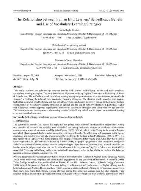 Pdf The Relationship Between Iranian Efl Learners Self Efficacy Beliefs And Use Of Vocabulary