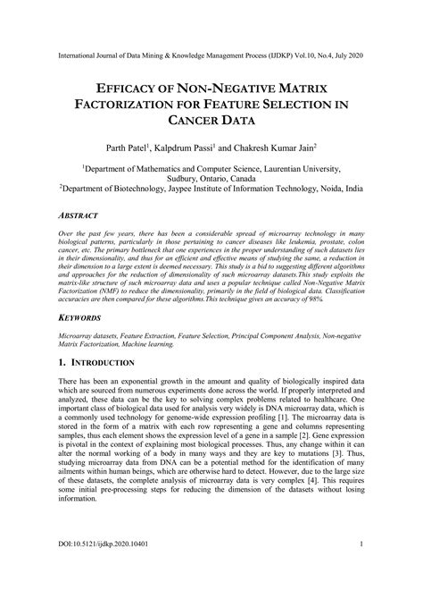 Efficacy Of Non Negative Matrix Factorization For Feature Selection In Cancer Data Pdf Free