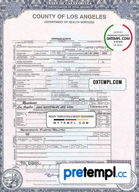 Usa County Of Los Angeles Death Certificate Example In Psd Format