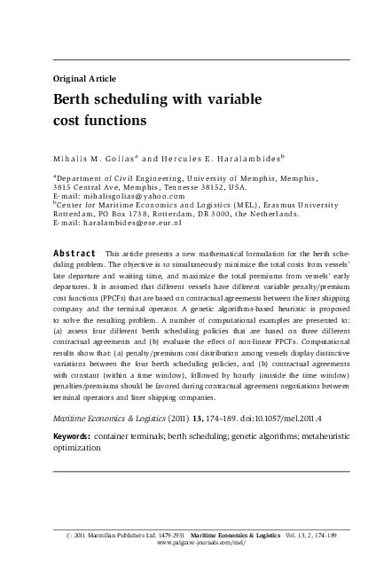 Pdf Berth Scheduling With Variable Cost Functions Hercules