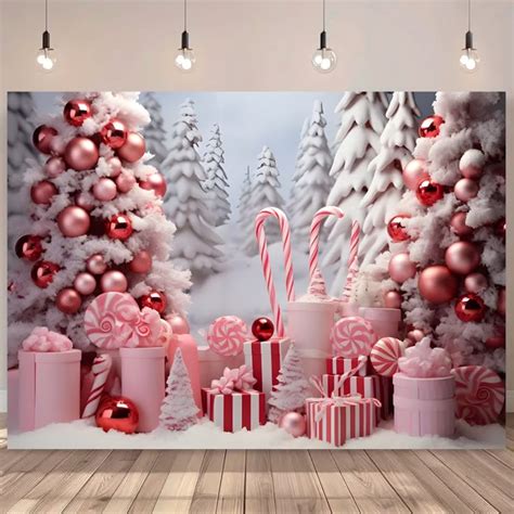 Temu｜메리 크리스마스 비닐 배경 5x3피트5x7피트 핑크 선물 상자 And 눈 덮인 나무 디자인 휴일 파티 생일 및 사진 스튜디오 장식용 クリスマス ピンク