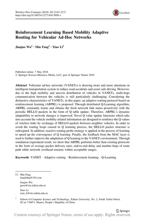 Reinforcement Learning Based Mobility Adaptive Routing For Vehicular Ad Hoc Networks Request Pdf