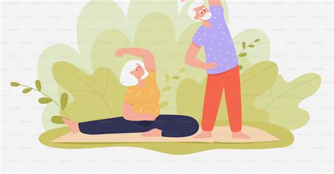 행복한 늙은 부부가 요가를 하고 있다 운동복을 입은 여자는 운동 매트에 앉아 다리를 쭉 뻗고 남자는 서서 몸을 굽힌다 체조 스포츠 은퇴 개념 벡터