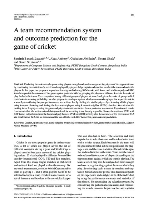 Pdf A Team Recommendation System And Outcome Prediction For The Game Of Cricket