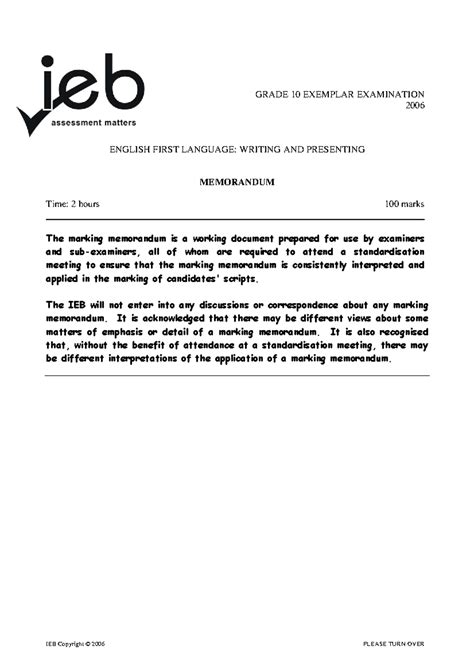 Exam A Hl Writing Ieb Memo Ieb Copyright © 2006 Please Turn Over Grade 10 Exemplar Examination