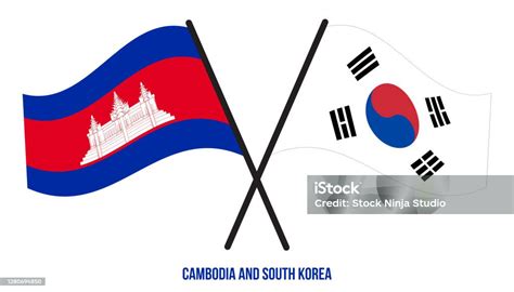 캄보디아와 한국 국기는 교차하고 플랫 스타일을 흔들 공식 비율 올바른 색상입니다 캄보디아에 대한 스톡 벡터 아트 및 기타 이미지 캄보디아 대한민국 대한민국 국기