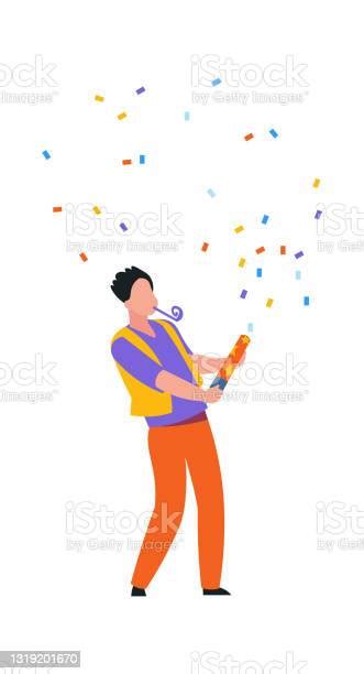 파티 색종이와 행복한 춤 남자 만화 남자는 종이의 화려한 조각으로 크래커를 불고 휴일에 재미 남성 캐릭터 생일을 축하하는 소년 벡터 축제 이벤트 색종이 조각에 대한 스톡