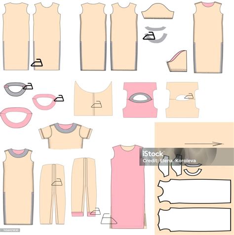 의류 디자인 요소 드레스의 상세한 벡터 드로잉입니다 테일러링 티셔츠의 기술적 순서 소매와 입의 바느질과 가공 바느질 테마 T